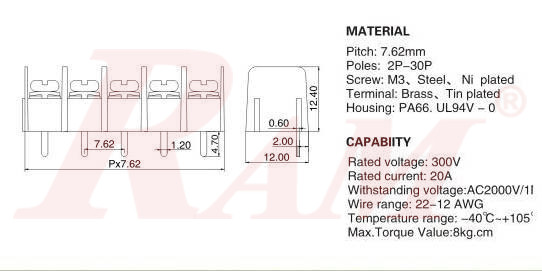 RP4 - 4 Pin Barrier Terminal Block Pitch 7.62mm | RAM Electronics website