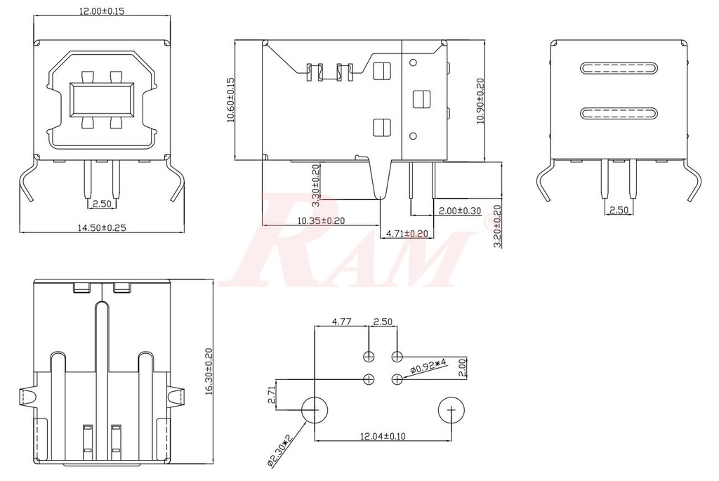 USB Connector on PCB Type B Female 4pin (SKU#USB2) | RAM Electronics ...