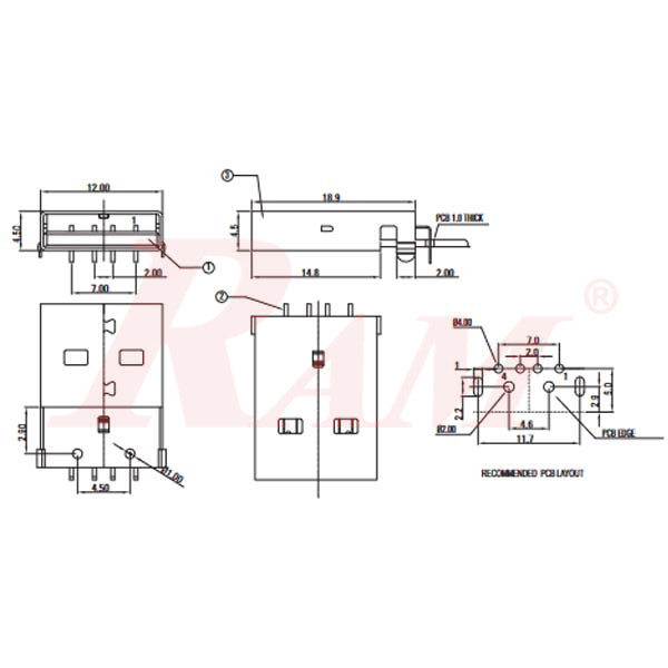 USB Connector on PCB Type A Male - 4pin (SKU#USB3) | RAM Electronics ...