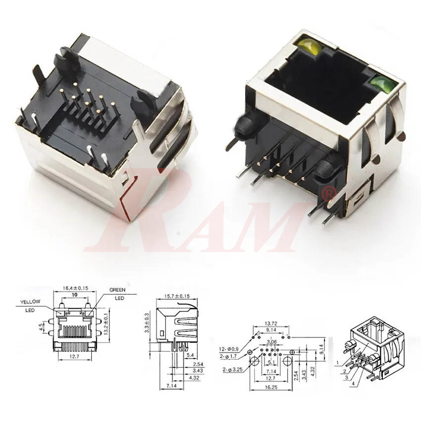 RJ45 - 8 Pin With LED Network Connector On PCB | RAM Electronics website
