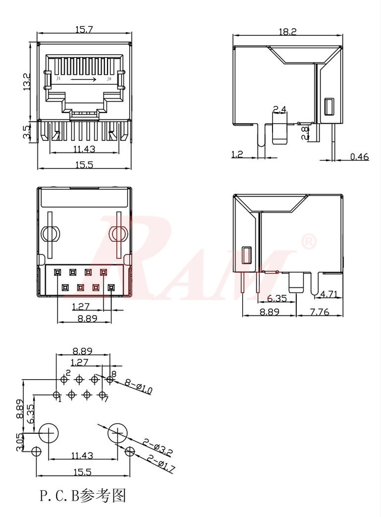 RJ45 - 8 Pin Connector On PCB Metal Housing | RAM Electronics website
