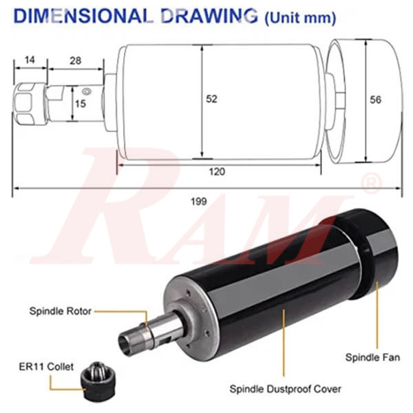 DC Spindle Air Cooling 500W ER11 + 52mm Clamps + Power Supply | RAM ...