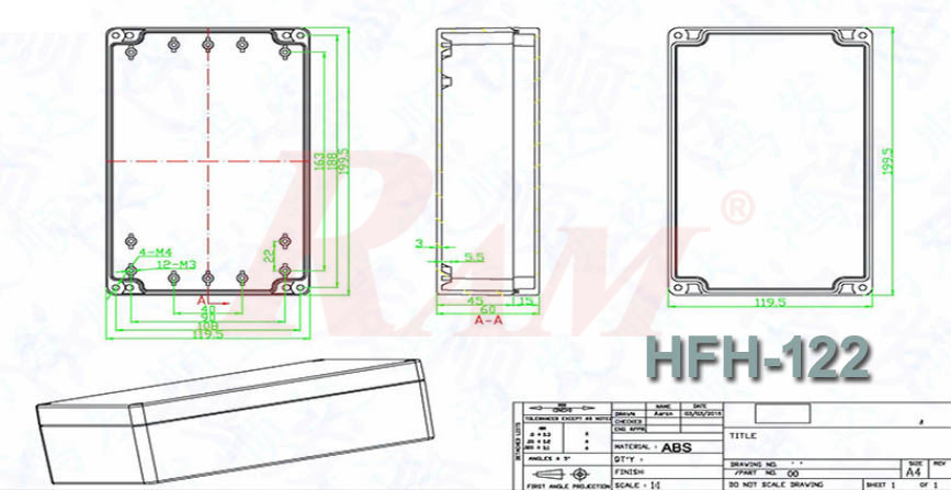 Plastic Project Box HFH-122 Size 200x120x55 mm | RAM Electronics website