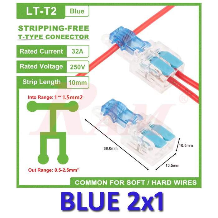 WAGO T-Tap 2x1 (Blue) 1~1.5mm² Stripping Free Wiring Connector ...