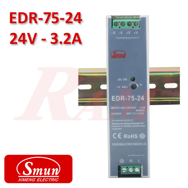 Smun® Industrial SMPS Din-Rail Type Output +24Vdc/3.2A Input 220Vac EDR ...